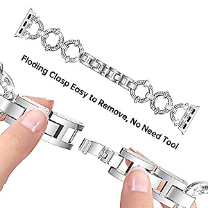 Mesime Compatible with Apple Watch Band 38mm 40mm 41mm 42mm 44mm 45mm , Women Girl Bling Diamond Jewelry Metal Strap Bands with Crystal Tempered Glass Screen Protector Case, Round Shiny Bracelet Wristband for iWatch Series 7/6/5/4/3/2/1/SE (Silver)