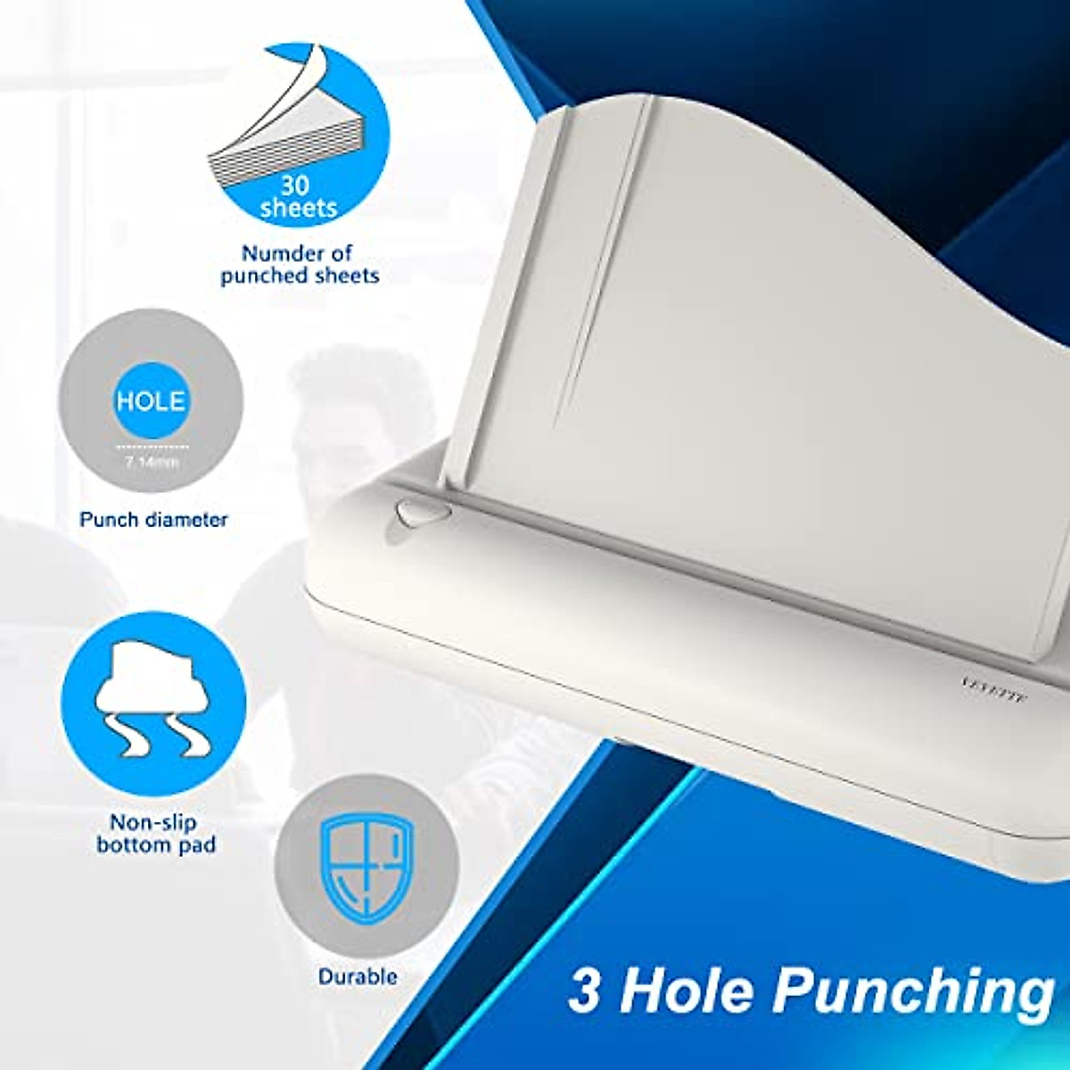 Electric 3 Hole Paper Punch, VEYETTE Heavy Duty Commercial Hole Puncher with Adapter for Office School Studio, 30 Sheet Capacity,Color Gray