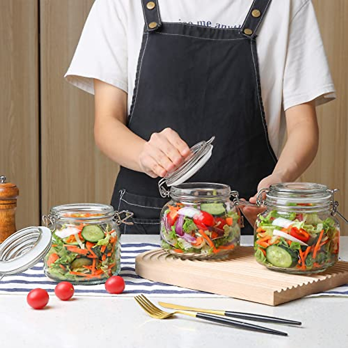 ComSaf 78oz/25oz Airtight Glass Canisters with Lids Set of 9, Square Food Storage Jar Container with Clamp Lids for Kitchen Canning Cereal Coffee Pasta Sugar Beans Spice, Clear Mason Jars