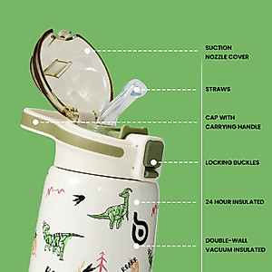 BOTTLE BOTTLE Kids Water Bottle with Straw Lid 16 oz Stainless Steel Reusable Tumbler Water Bottles Kids for School Travel,Gifts for Boys and Girls Dinosaur