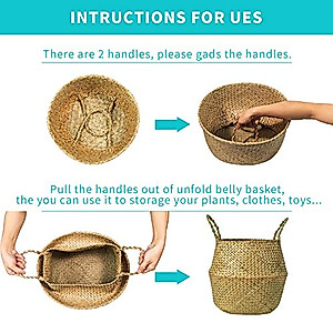 BrilliantJo Seagrass Belly Basket, Set of 2 Woven Plant Pot Holder handmade Home Decor for Storage Plants Picnic Grocery Medium(10.63 x 9.44 inch)