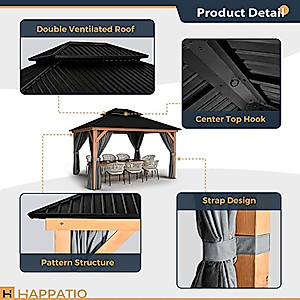 HAPPATIO 11' × 13' Wood Gazebo, Outdoor Hardtop Gazebo with Mosquito Netting and Curtains, Double Metal Roof Patio Gazebo Hard Top Gazebo for Garden, Patio, Deck, Parties (Grey)