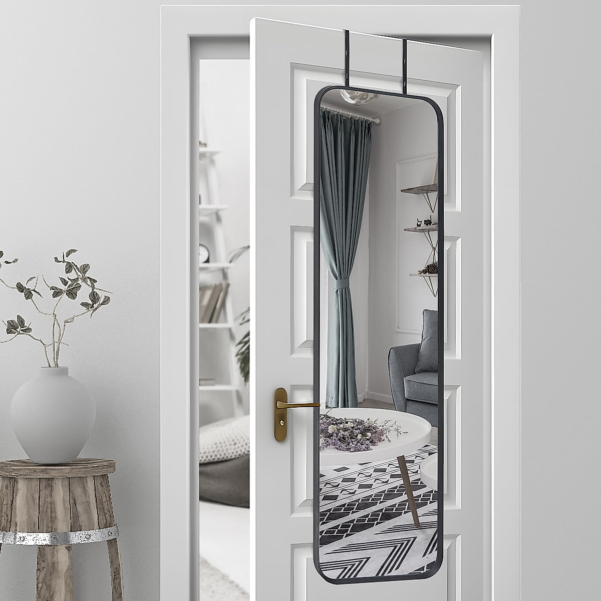 Minuover 47" x 13" Black Over The Door Hanging Mirror, Brushed Metal Frame with Rounded Corner Dressing Rectangle Mirror for Bathroom, Bedroom, Living Room