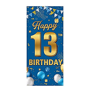 13th Birthday Door Banner Decorations, Happy 13th Birthday Decorations for Boys, Blue Gold Door Cover Sign Poster Decoration, Official Teenager 13 Year Old Party Decoration Backdrop, 6.1ft x 3ft PHXEY