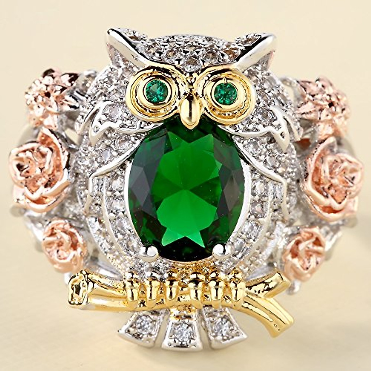 Ginger Lyne Collection - Hoot Owl Ring for Women Green Cubic Zirconia - Three-Tone Plating in Rose Gold, Gold, Platinum Over Copper - Clear Accent Stones
