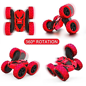 Hamdol Remote Control Car Double Sided 360°Rotating 4WD RC Cars with Headlights 2.4GHz Electric Race Stunt Toy Car Rechargeable Toy Cars for 6-12 Year Old Boys Girls BirthdayGift (Red)