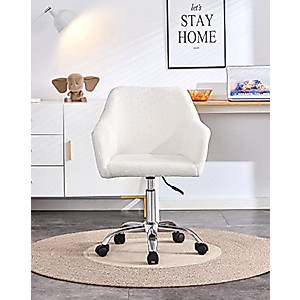 Modern Faux Fur Home Office Chair, Upholstered Fluffy Makeup Vanity Chair for Teen Girls Swivel Desk Chair, Height Adjustable Leisure Elegant chair, White