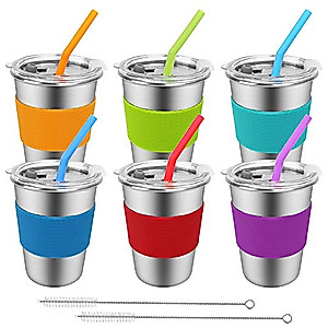 Kids Cups with Lids and Straws,6 Pack 12oz Spill Proof Tumblers for Kids,Stainless Steel Toddler Cups,Unbreakable Water Drinking Glasses,BPA-Free Reusable Metal Sippy Mug for Children,Adult,Outdoor