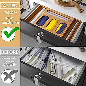 Expandable Foil Wrap Dispenser with Cutter and Bag Storage Organizer with Labels for Kitchen Drawer, Bamboo Plastic Dispenser for 12" Roll, Ziplock, Gallon, Quart, Sandwich and Snack Variety Size Bag