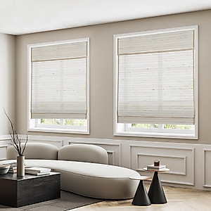 CHEFRU Linen Window Roman Shades, Beige Stripe, Cordless Light Filter/Sheer Window Blinds