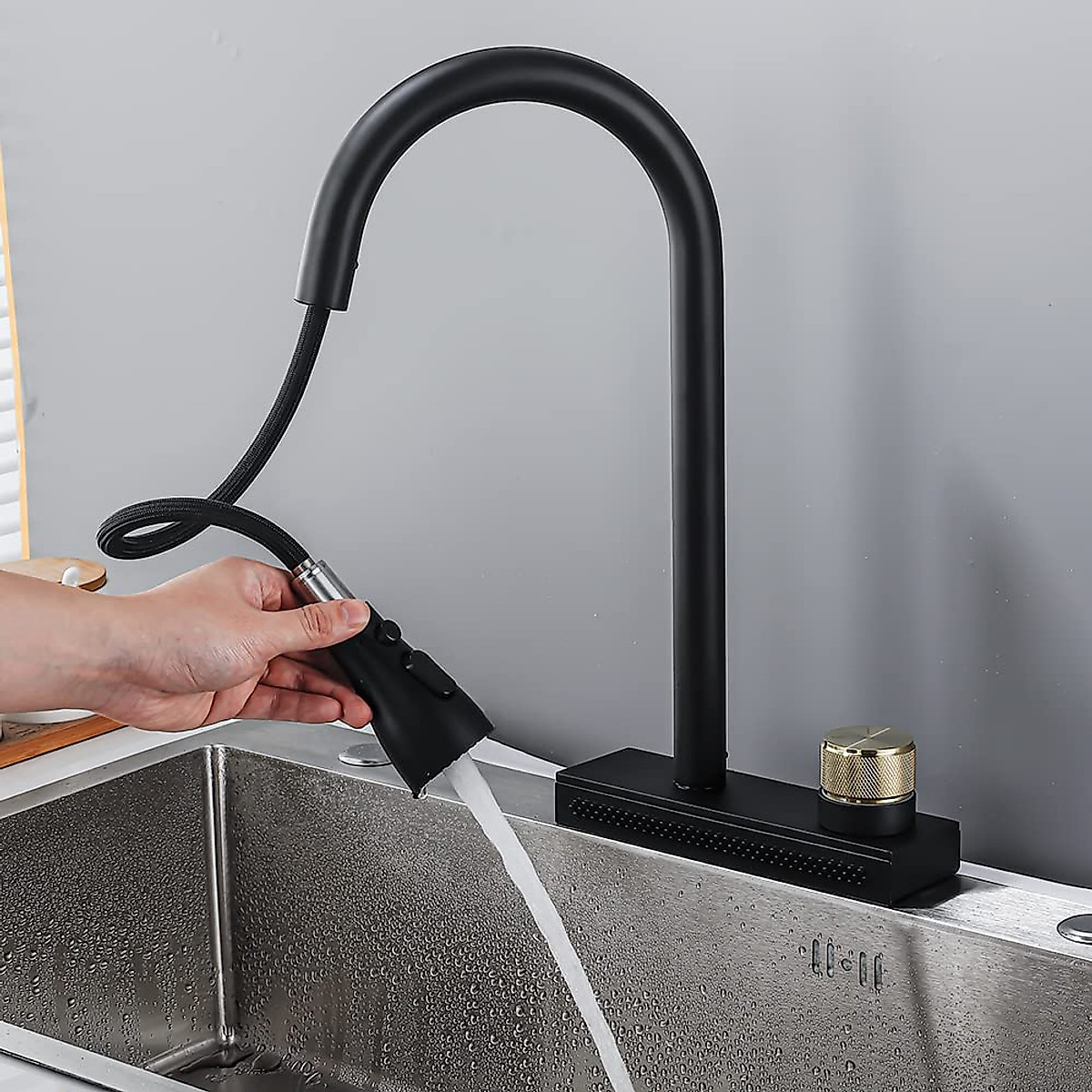 JIEFADZ Rainfall Kitchen Sink Faucet Pull Out Four Water Outlet Modes Cold and Hot Can Rotate TAP (Black)