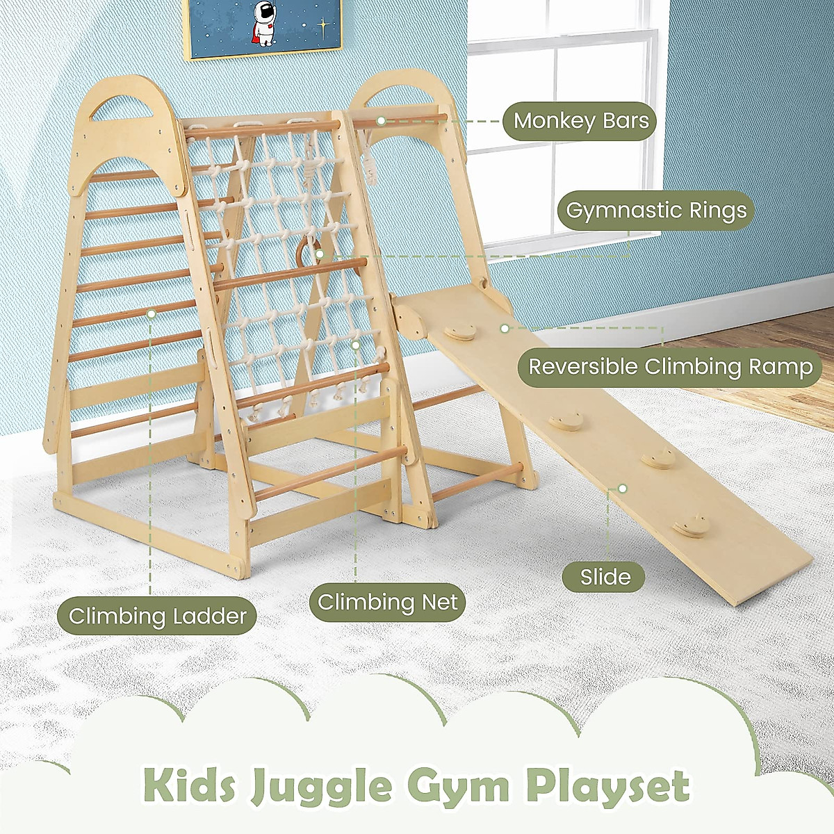 Costzon Indoor Jungle Gym, 7-in-1 Montessori Climbing Toys for Toddlers with Slide, Climbing Net, Gymnastic Rings, Indoor Wooden Playground Climber Playset for Kids 3+ Years Birthday