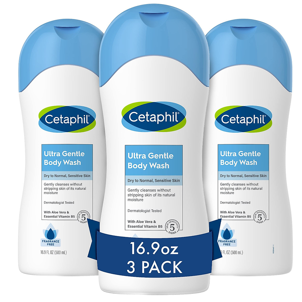 Cetaphil Ultra Gentle Refreshing Body Wash, For Dry to Normal, Sensitive Skin, 16.9oz Pack of 3, Aloe Vera, Calendula, Vitamin B5, Hypoallergenic, Paraben Free, Fragrance Free, Dermatologist Tested