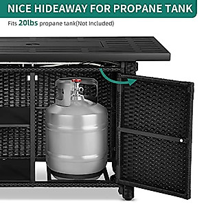 YITAHOME 43 Inch Propane Fire Pit Table and Resin Wicker Base, 50,000 BTU Gas Fire Pit with Ignition Systems, Iron Tabletop, Fire Glass Beads, Cover, Lid Hanger, Rectangle Outdoor Firetable for Patio