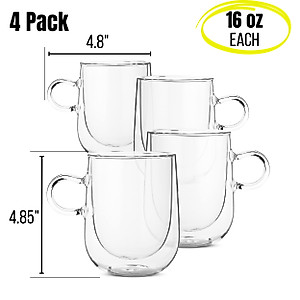 BTaT- Double Wall Glass Coffee Mugs, 16 oz (500ml), Set of 4, Double Glass Coffee Cups, Double Wall Coffee Mugs, Double Insulated Coffee Mugs, Clear Latte Mugs, Glass Coffee Mug, Clear Mugs