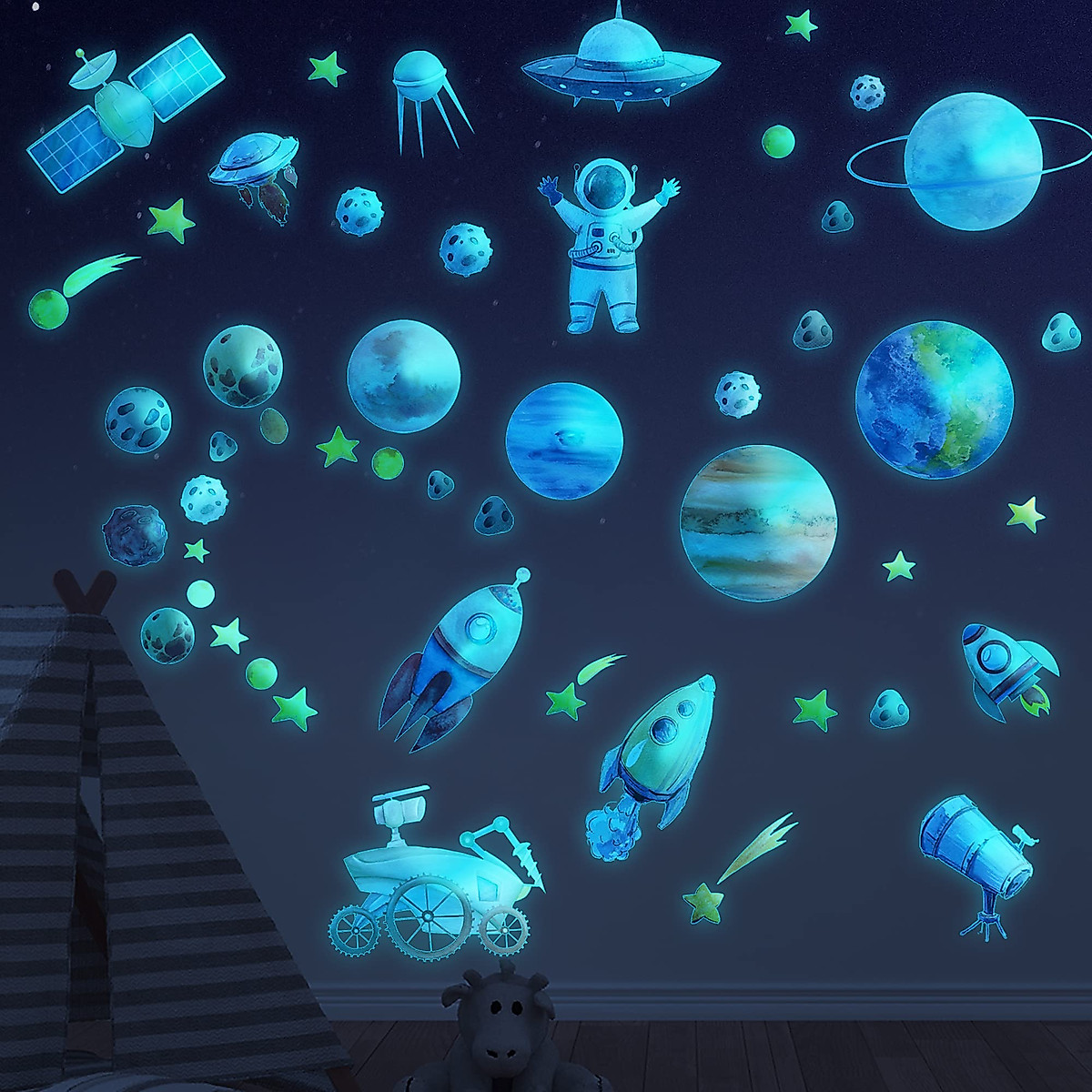 Glow in The Dark Planet and Solar System Wall Stickers for Ceiling,Glow Space Galaxy Wall Stickers Astronaut Rocket Spacecraft Alien Wall Decals for Boys Toddler Kids Bedroom Wall Decor