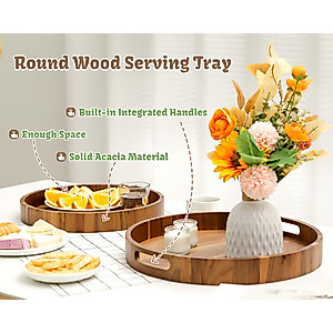 Full Solid Round Decorative Serving Tray | Farmhouse Style Acacia Wood Trays for Ottoman Coffee Table Bath Counter Organizer Tray | Kitchen Tray Platter Living Room Candle Decor | for All Occasion