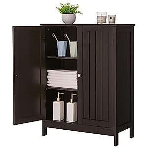 Iwell Bathroom Storage Cabinet, Modern Floor Cabinet with Adjustable Shelves & Double Doors, Freestanding Organizer Cabinet for Living Room, Bathroom, Bedroom, Espresso