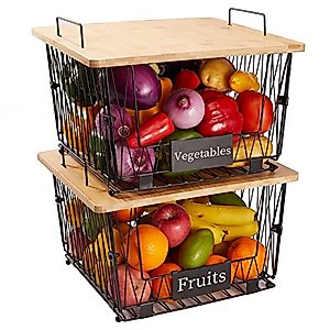 2 Pack Stackable Wire Storage Baskets with Wood Lid- Kitchen Countertop Organizer for Fruit Vegetable -Large Metal Bin for Pantry Organization and Storage, Black