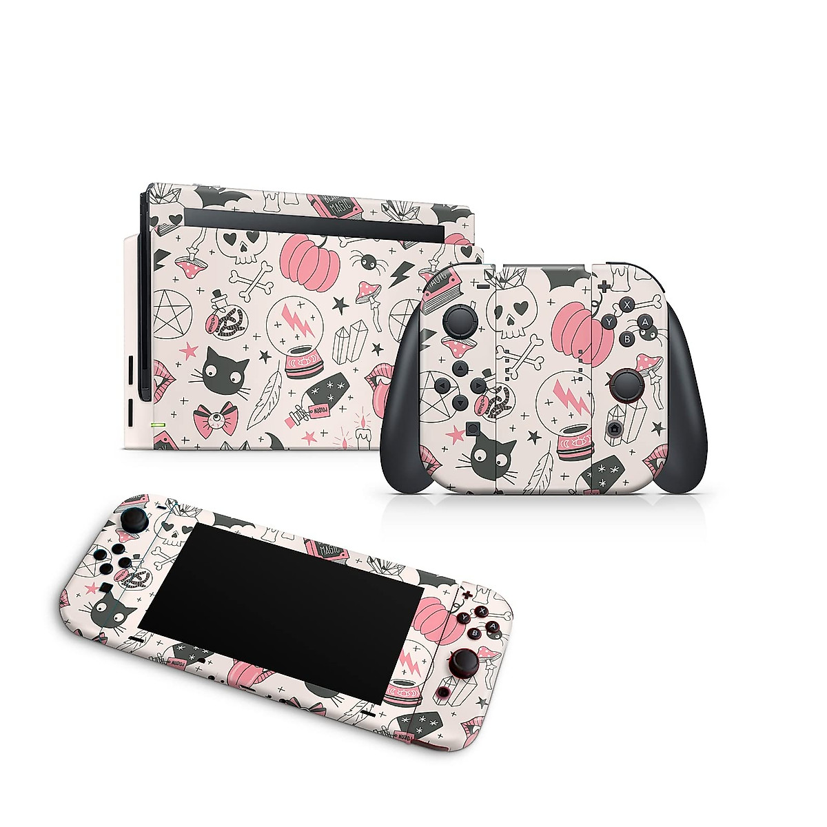 ZOOMHITSKINS Compatible with Switch Skin Cover Magical Pinky Halloween Black Cat Magic Vinyl Decal Sticker Wrap, Made in The USA