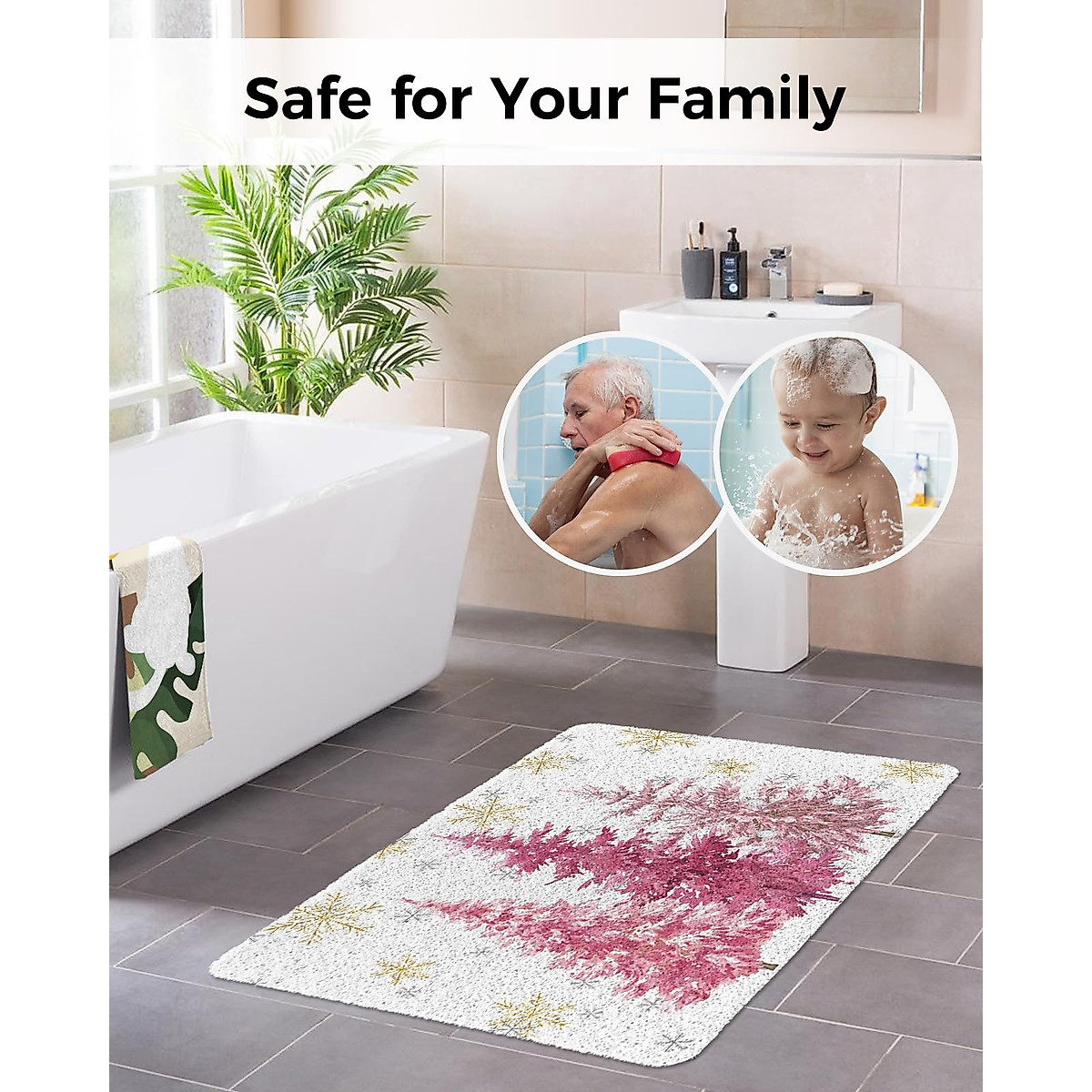 Shower Mat Non Slip Bathtub Mat Pink Christmas Xmas Tree Golden Snowflake Bath Mat Soft Loofah Shower Mats for Shower Tub Bathroom Quick Drying Foot Mat, 16x36 Inch