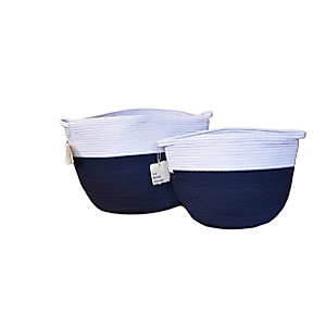 StorageWorks 100% Natural Cotton Rope Hand-Woven Basket- Two Color Design- White & Navy Blue- 2 Pack