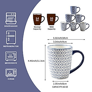 Ceramic Coffee Mugs Set - 16 Oz Large Porcelain Tea Cups with Handle for Women Men Cocoa Cappuccino Latte - Christmas Housewarming Gift - Dishwasher Safe - Set of 6 - Vintage Blue