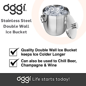 OGGI Double Wall Stainless Steel Ice Bucket - Insulated Ice Bucket with Elegant Steel Lid, Classic Handles & Stainless Steel Ice Tongs - Great for Home Bar, Chilling Beer, Champagne and Wine - 3 qt