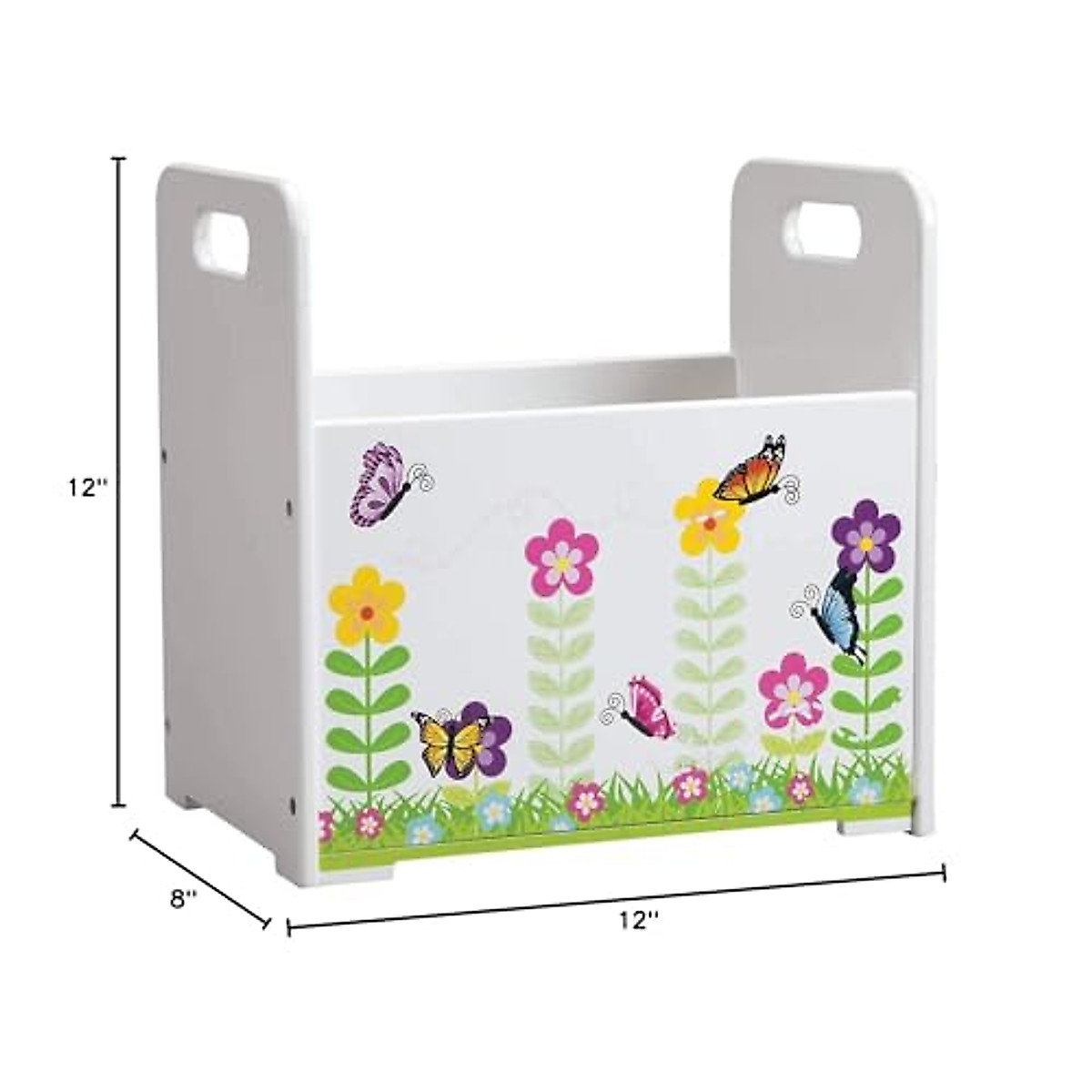 Fox Valley Traders Kids Wooden Book Caddy, Children’s Book Storage Bin, Flowers and Butterflies Design
