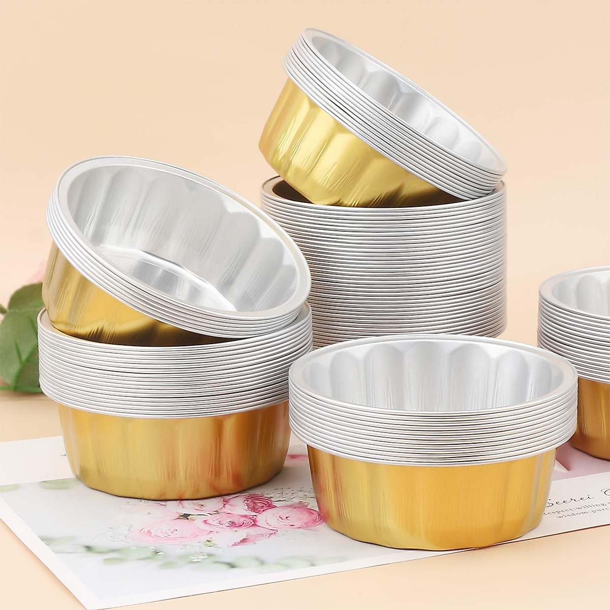 Beasea 8 oz 100 Pack Aluminum Ramekins, Disposable Ramekins Foil Cups Baking Utility 3.9" Ramekin Cup Muffin Cupcake Aluminum Baking Cup Mini Pudding Souffle Cups for Party Wedding Birthday - Gold