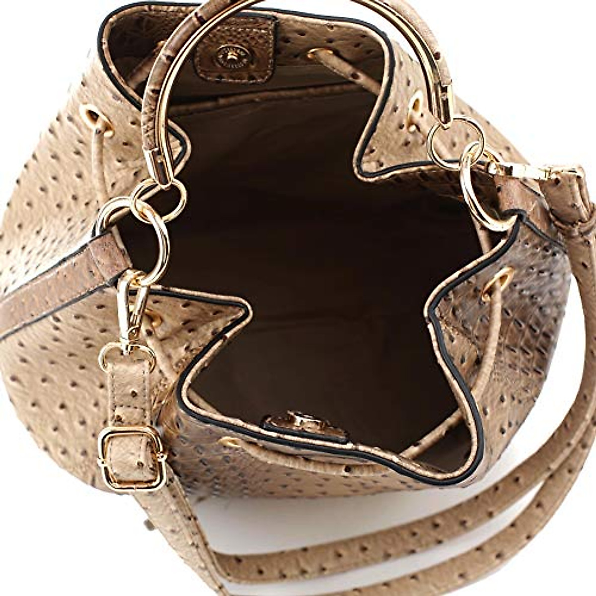 Boho Tassel Ostrich Print Vegan Leather Handle Bucket Handbag Satchel Wallet Set (Brown/Dark Brown)