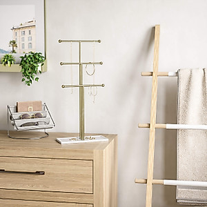 Umbra Trigem Hanging Jewelry Organizer Tiered Tabletop Free Standing Necklace Holder Display, White/Gold