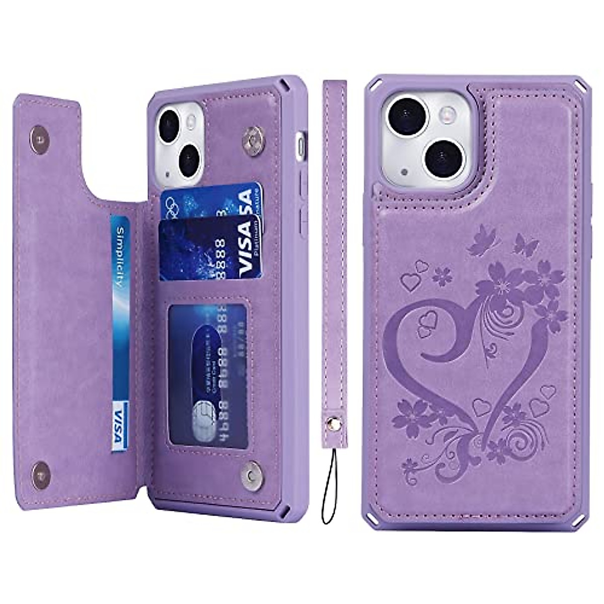 iCoverCase for iPhone 13 Wallet Case with Card Slots Holder Kickstand [RFID Blocking] Embossed Leather Magnetic Shockproof Cover with Wrist Strap (Heart Purple), Purple