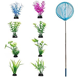 BKDMZZMY Fish Tank Plants, Small Artificial Aquarium Plants with Extendable Fish Net Fake Aquatic Plants Accessories Fish Tank Decorations, Realistic Plastic Aquarium Plants Safe for Fish (8+1PCS)