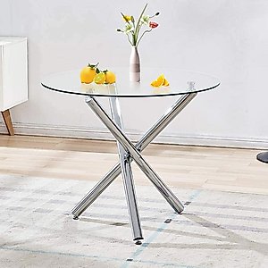 Modern Round Dining Table with Clear Tempered Glass Top, 3 Chrome Legs Kitchen Table for 2 or 4 Person,Round Dining Table Furniture for Home Office Kitchen Dining Room(W 35.4 x L 35.4 x H 29.5 inch)