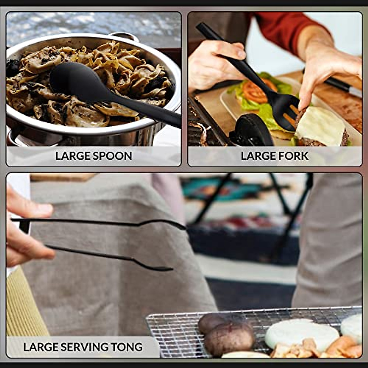 Disposable Plastic Serving Utensils Set - 18 Pack for Parties and Events - Heavy Duty Plastic - Black 10" Spoons, Forks, and 6" Tongs - Perfect for Serving - Great Value