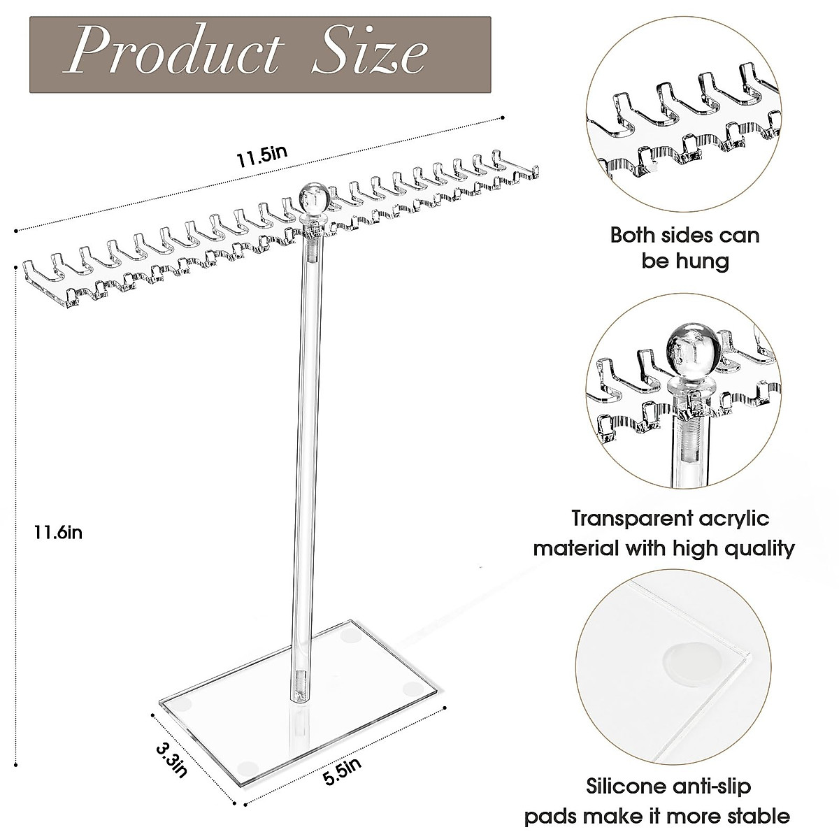 OAOLEER Acrylic Necklace Organizer, Clear Necklace Holder Stand, Jewelry Organizer Display Hanger Rack with Bilateral Hooks for Necklaces Pendant Bracelets Ring (Tall 11.6 in)