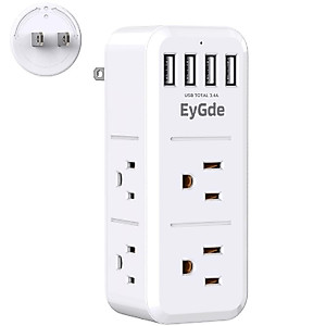 EyGde Multi Plug Outlet Extender Surge Protector 1700J, Wall Power Strip with Rotating Plug & 4 USB Charging Ports (1 USB C) +2 Prong Power Strip with Surge Protector 1700J, EyGde Multi Plug Outlet