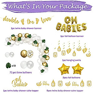 110 PCs Twins Baby Shower Decorations, Fiesec Oh Babies Foil Confetti Balloon Artificial Leaves Double the Love Glitter Banner Hanging Swirl Cake Cupcake Topper Gold White Green