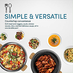 Aroma Housewares AMC-130 Whatever Pot, Indoor Grill, Cooking, Hot Pot with Glass Lid, Bamboo Handles, 2.5L, Stainless Steel/White