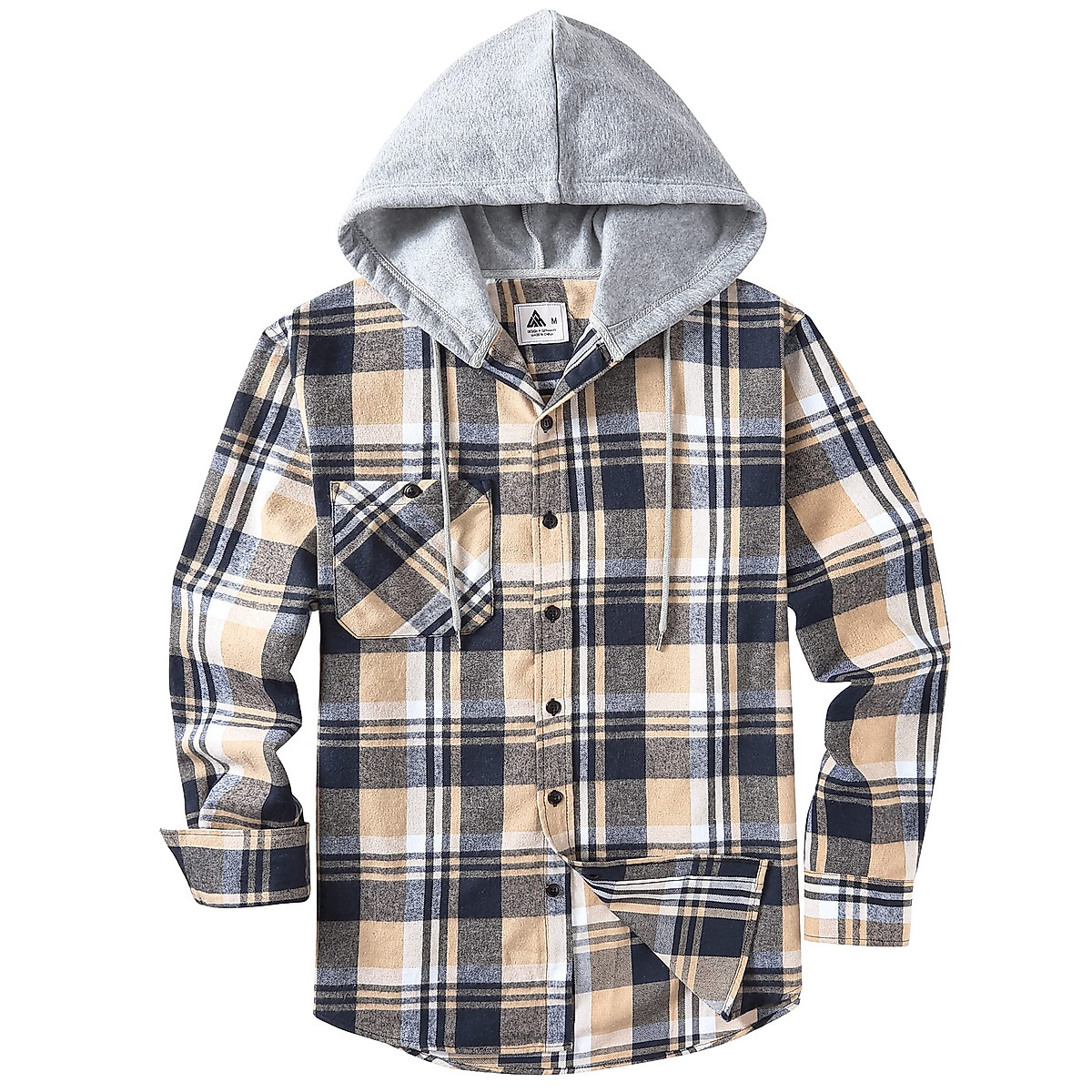 SWISSWELL Mens Flannel Hoodie Shirts Long Sleeve Fashion Plaid Jackets Button Down Shirts Navy Beige L