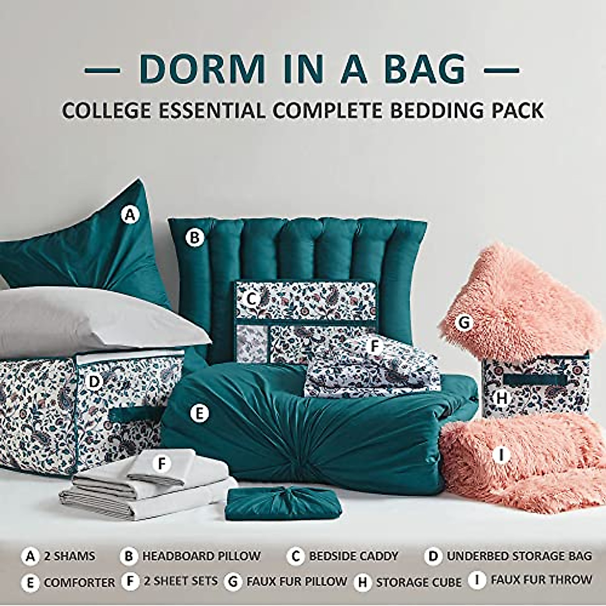 Comfort Spaces 17 Piece Bed in A Bag Comforter Set Include Sheets with 2 Side Pockets - All Season Cozy Bedding and Bedroom Organizer, College Dorm Room Essentials, Full, Henry, Teal