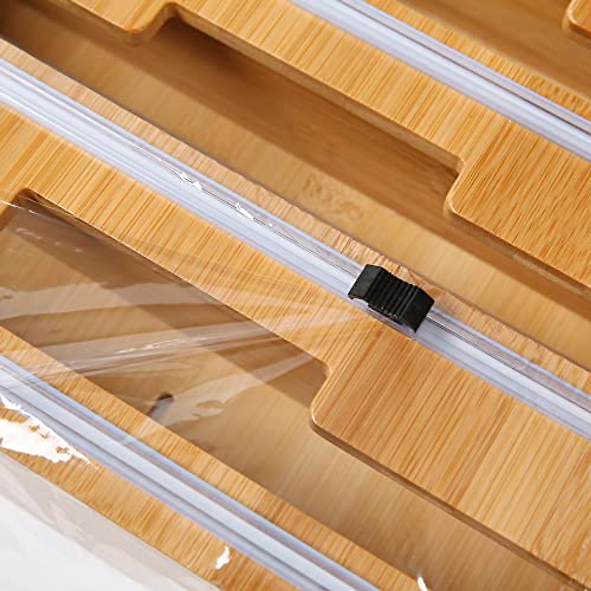 Plastic Wrap Organizer – 4-in-1 Wrap Dispenser with Cutter, Paper Towel Holder for Kitchen Durable Bamboo Foil Dispenser for 12” Plastic Wrap, Aluminum Foil, Wax Paper Kitchen Roll Organizer
