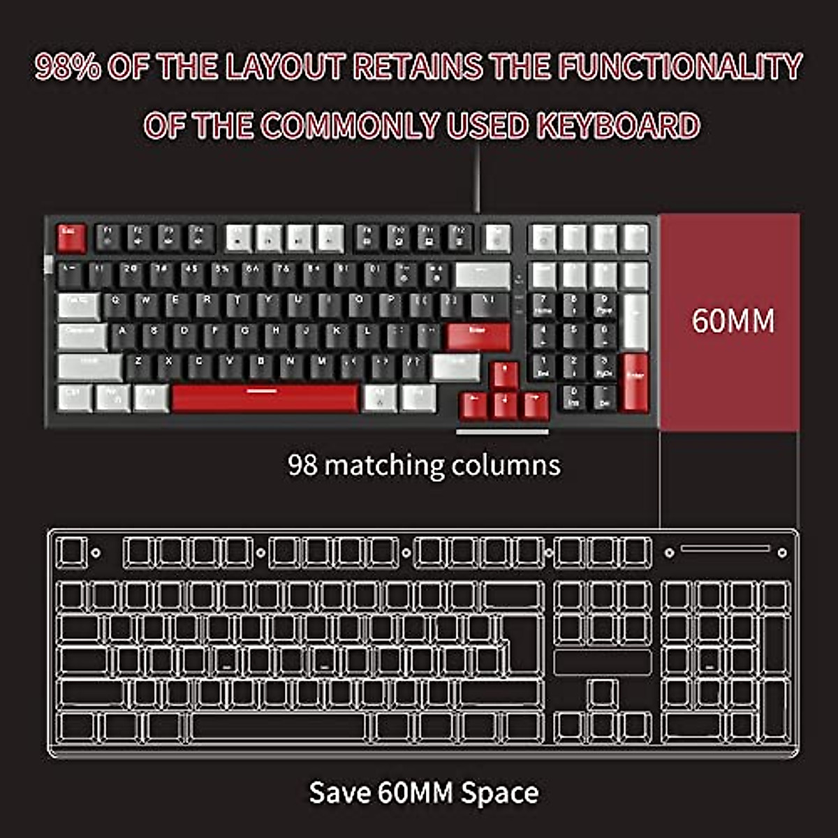 MageGee Mechanical Keyboard, Star98 Wired Gaming Keyboard Backlit Ultra-Slim USB Keyboards with Red Switches 98 Keys for PC Windows Computer Laptop — Grey Black/Red Switches