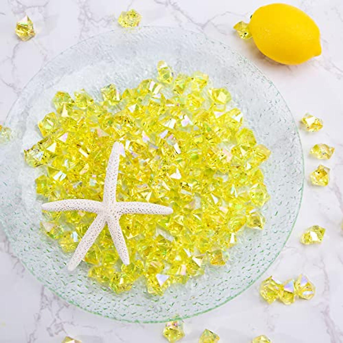 DomeStar Iridescent Yellow Acrylic Ice Rocks, 180PCS Holographic Crushed Ice Dazzling Fake Diamonds Sparkling Plastic Gems for Vases Fillers Table Scatter Decoration Game