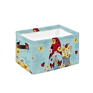 DecorLovee Spring Teal Floral Storage Basket Waterproof Cube Storage Bin Organizer with Handles, Ladybug Gnomes Summer Bright Daisy Collapsible Storage Cubes Bins for Clothes Books Toys 15"x11"x9.5"