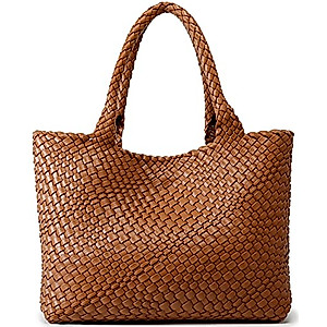 Woven Bag for Women, Fashion Top Handle Shoulder Bag Vegan Leather Shopper Bag Large Travel Tote Bag (Brown)