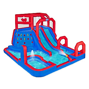 Sunny & Fun Mega Climb N’ Go Inflatable Water Slide Park – Heavy-Duty for Outdoor Fun - Climbing Wall, 2 Slides, Splash & Deep Pool – Easy to Set Up & Inflate with Included Air Pump & Carrying Case