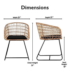 Tommy Hilfiger Graham Rattan Dining Chair, Woven Wicker Armchair with Seat Cushion Black Durable Metal Legs, Boho Modern Accent Lounge Furniture, Natural