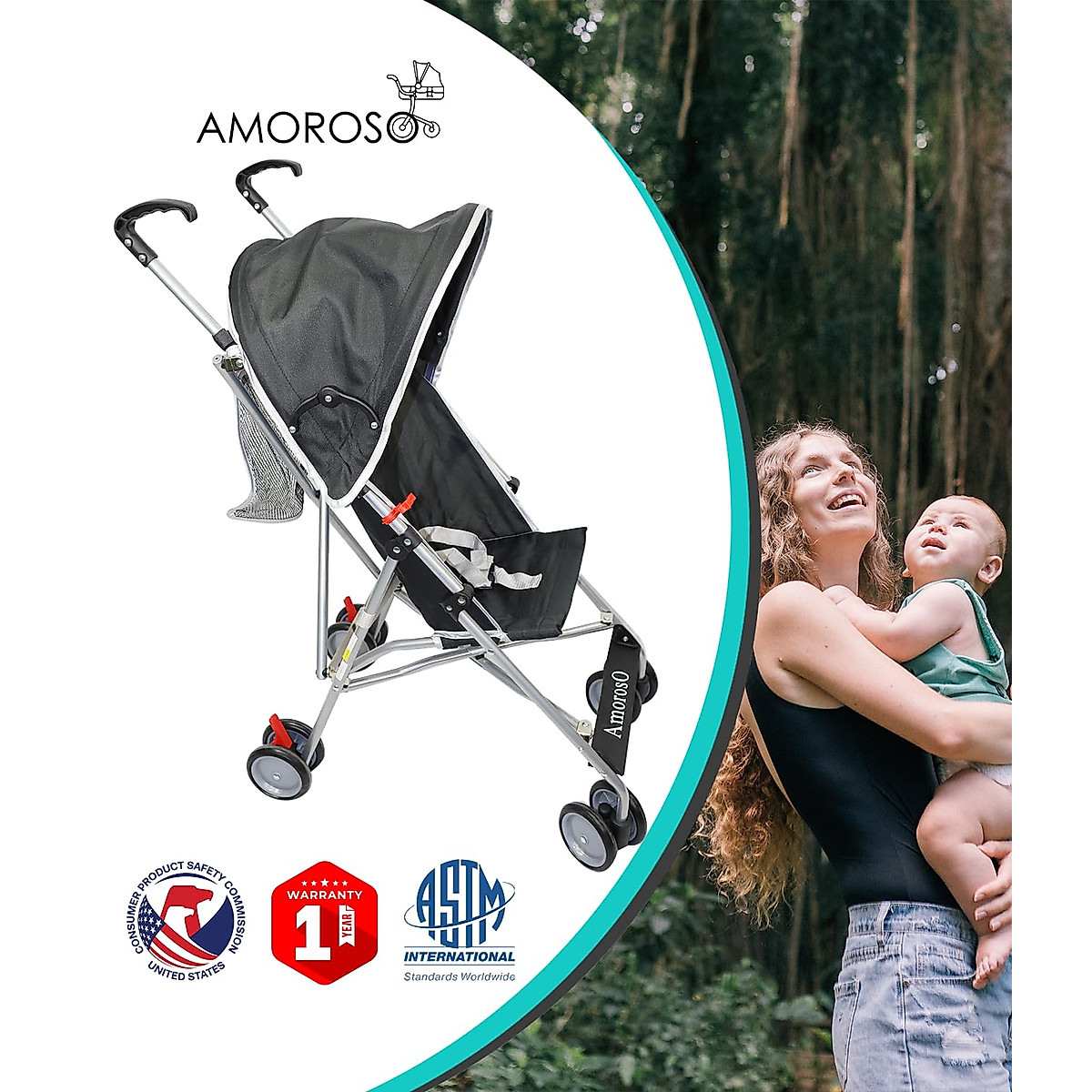 AmorosO Single Umbrella Stroller for Toddler, Travel Stroller for Babies - Sunlight and Light Rain Protection - Baby Stroller with Four EVA Wheels - Travel-Ready Stroller - Round Canopy (Black/White)